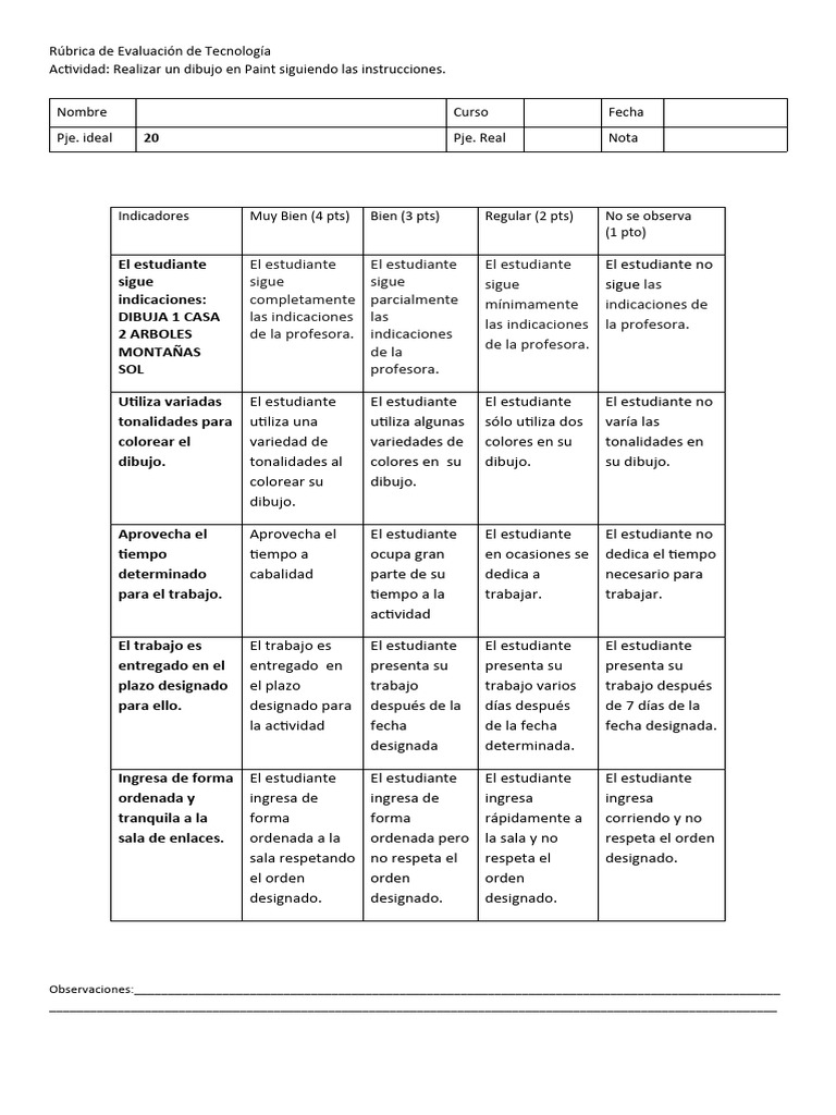 Rúbrica de Tecnología DIBUJO PAINT | PDF