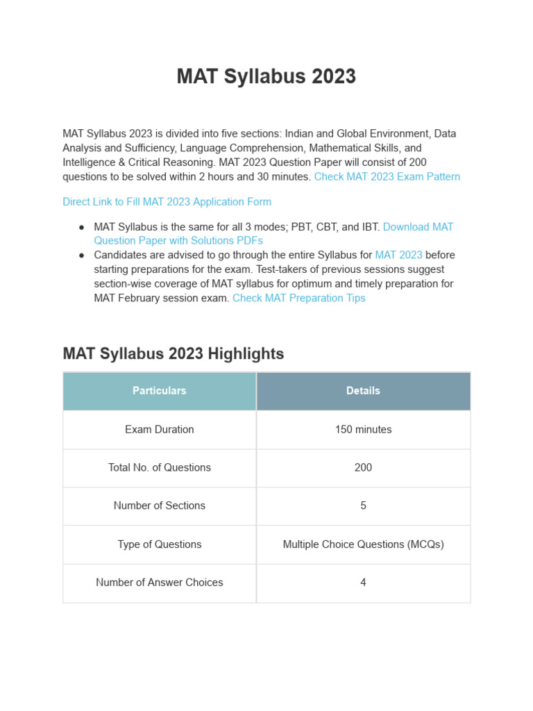 MAT Syllabus 2023 | PDF | Mathematics | Multiple Choice