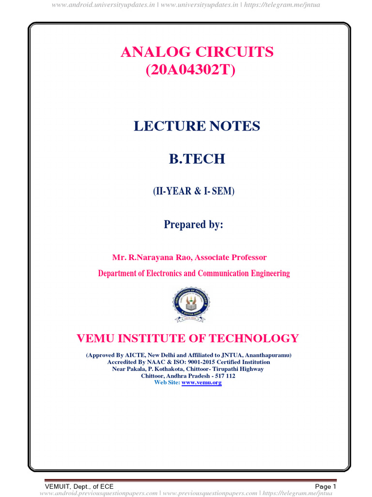JNTUA Analog Circuits Notes - R20 | PDF | Amplifier | Electrical Impedance