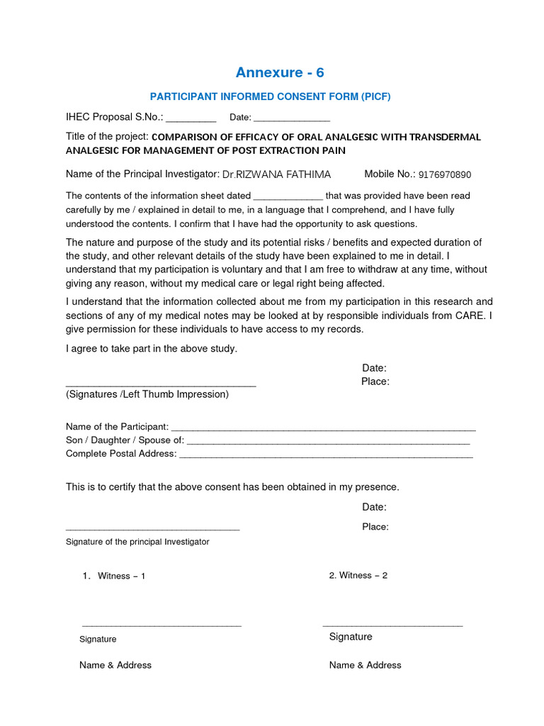 DR - Rizwana Os Annexure 6 Consent Form | PDF | Informed Consent ...