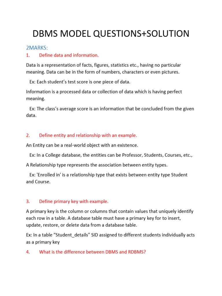 DBMS Solution Bank (2M) | PDF | Relational Database | Databases