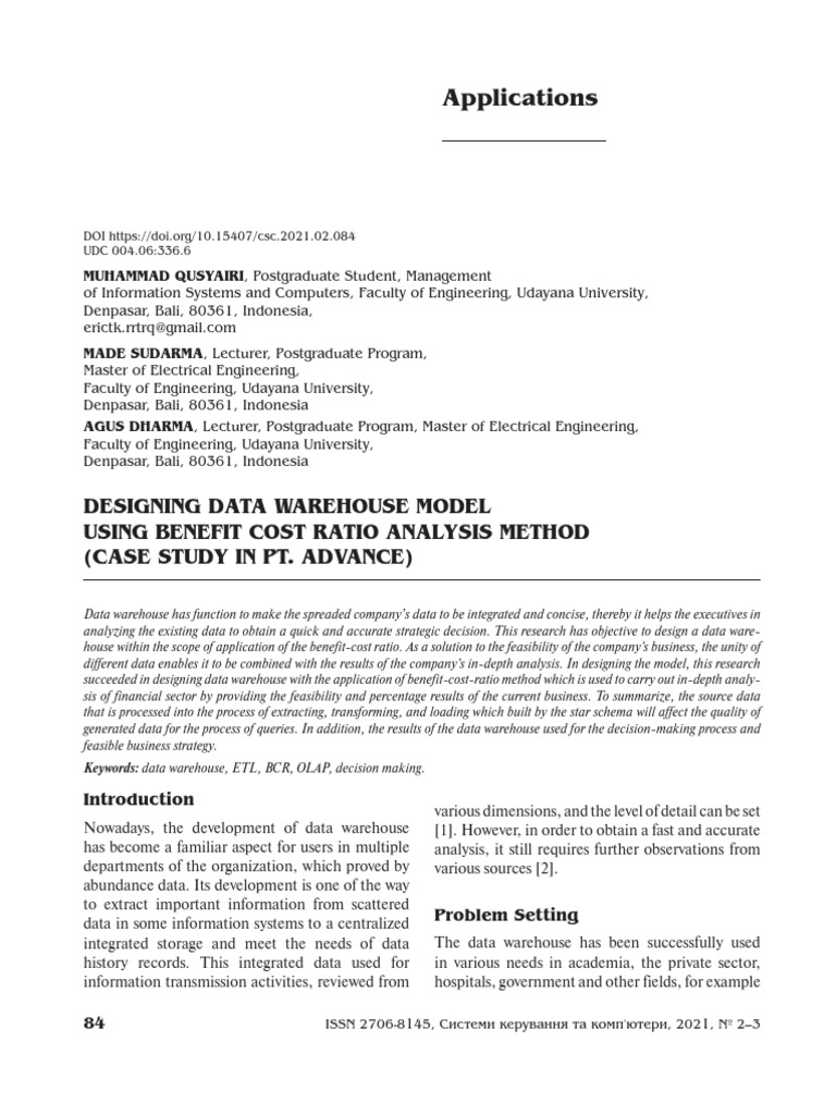 Applications: Designing Data Warehouse Model Using Benefit Cost Ratio ...