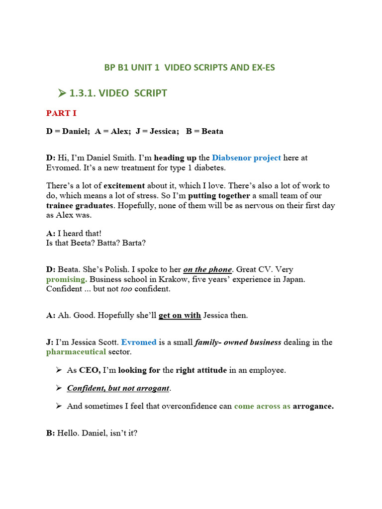 1.3.1. Video Script: BP B1 Unit 1 Video Scripts and Ex-Es | PDF | Communication | Human ...