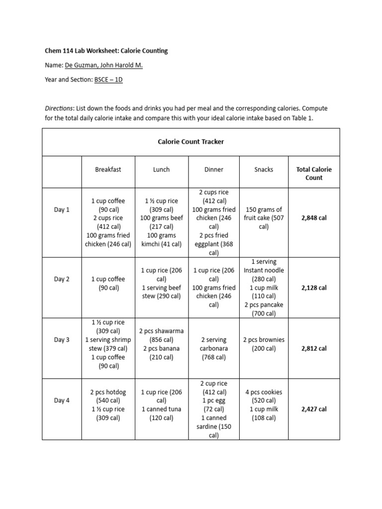 Chem 114 Lab Worksheet | PDF | Calorie | Dieting