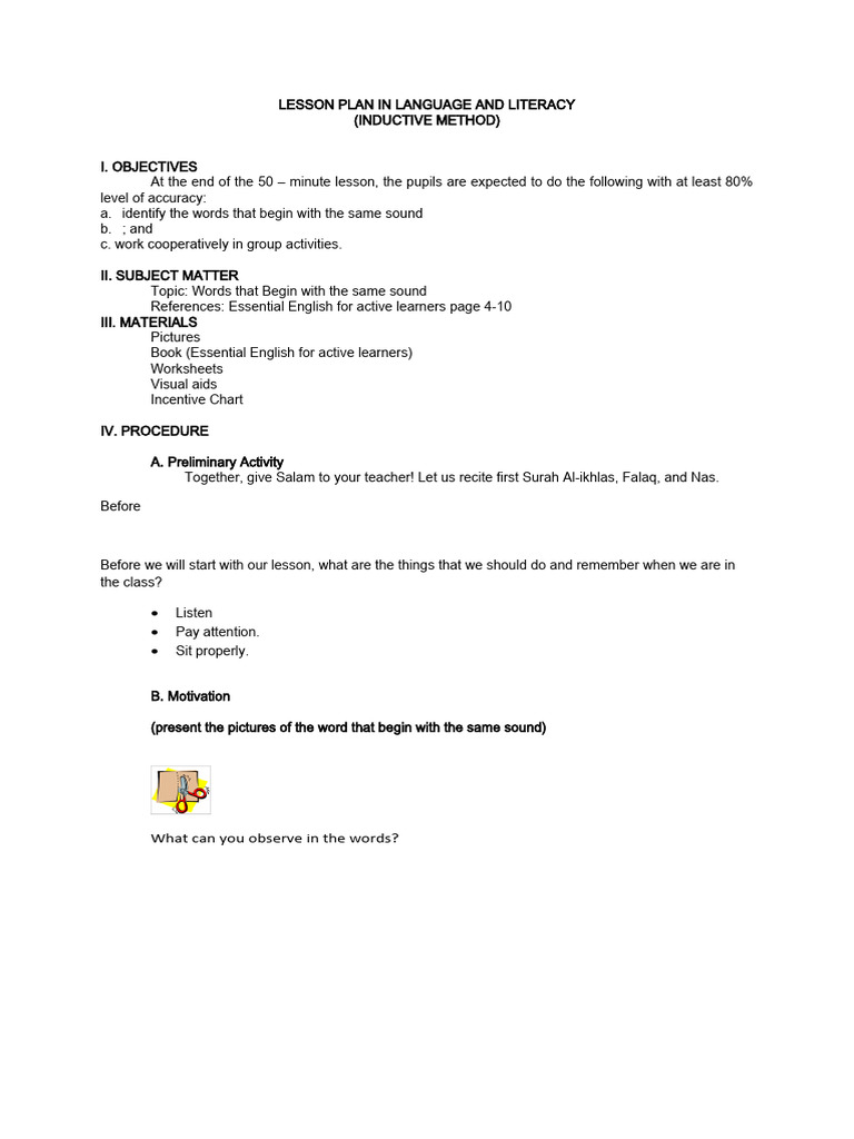 Inductive Lesson Plan: Sound Recognition | PDF | Language Arts & Discipline | Foreign Language ...