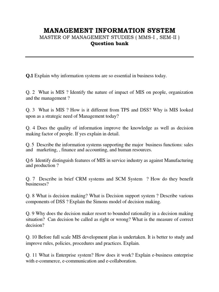 MIS Question Bank | PDF | Information Science | Information Technology