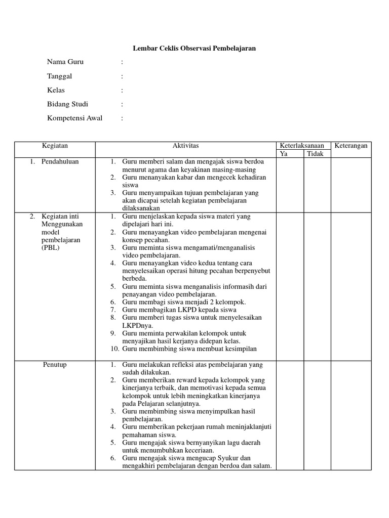 Lembar Ceklis Observasi Pembelajaran | PDF