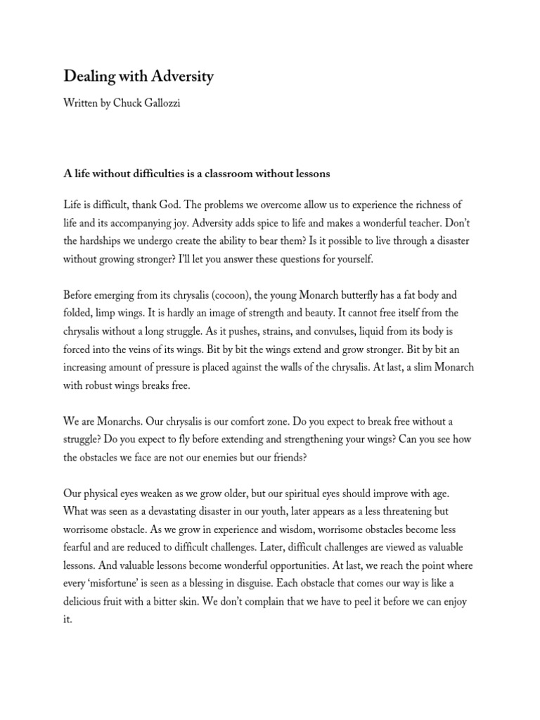 Dealing With Adversity: A Life Without Difficulties Is A Classroom ...