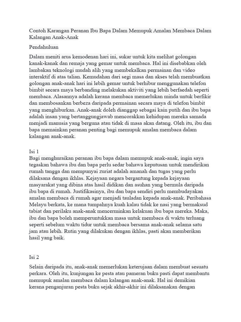 Contoh Karangan Peranan Ibu Bapa Dalam Memupuk Amalan Membaca Dalam ...