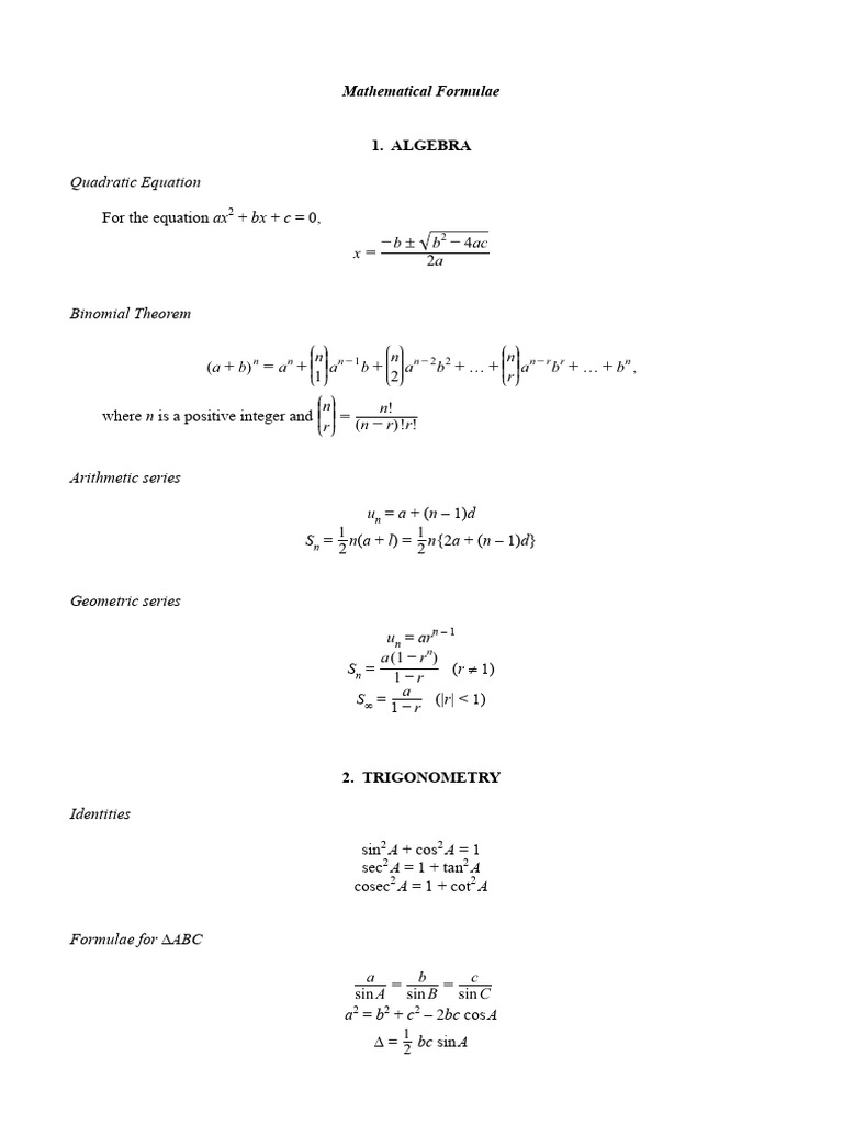 Igcse Additional Mathematics Formulae Sheet Pdf Elementary Mathematics Discrete Mathematics