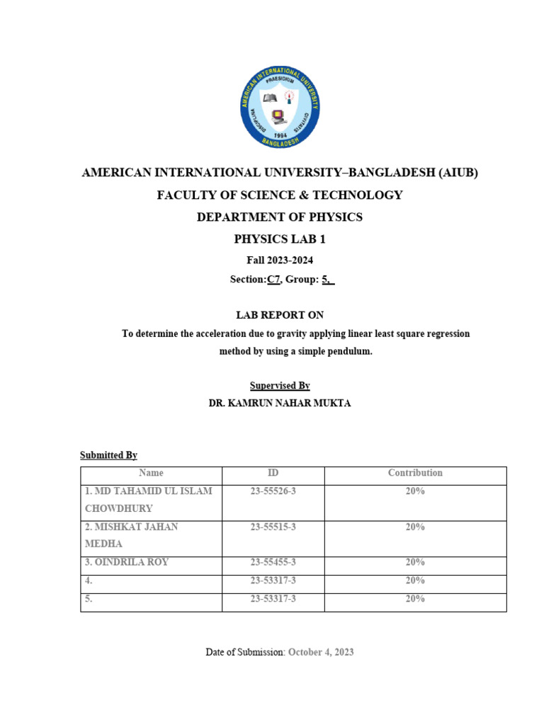 Physics 1 Lab Report Experiment Churi 1 | PDF | Pendulum | Regression Analysis