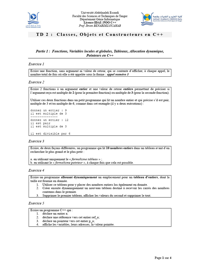 TD 2 - Classes - Objets - Contsructeurs | PDF | Classe (informatique) | Pointeur (programmation)