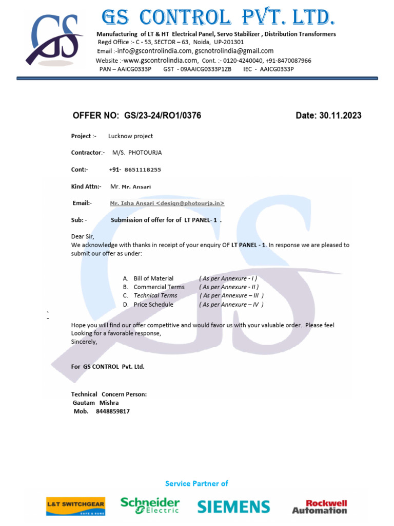 GS Control Revised Offer of LT Panel For Lucknow Project | PDF | Mains ...