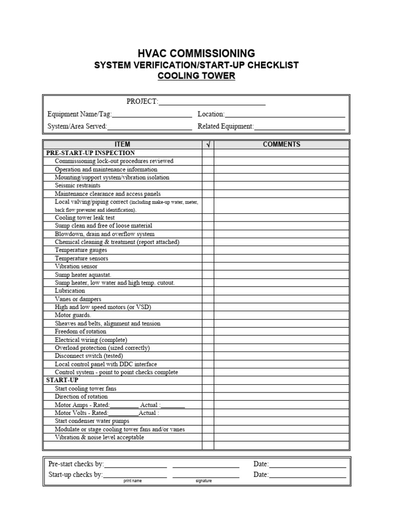 Hvac Commissioning System Verification Start Up Checklist Cooling Tower ...