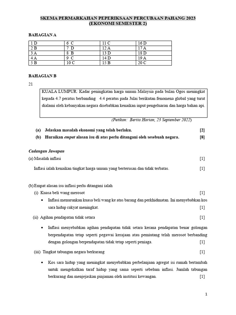 Skima Jawapan Percubaan Ekonomi S2 2023 | PDF