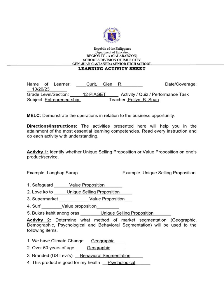LAS 2 Entrep 1st Quarter UF | PDF | Business Economics | Business Process