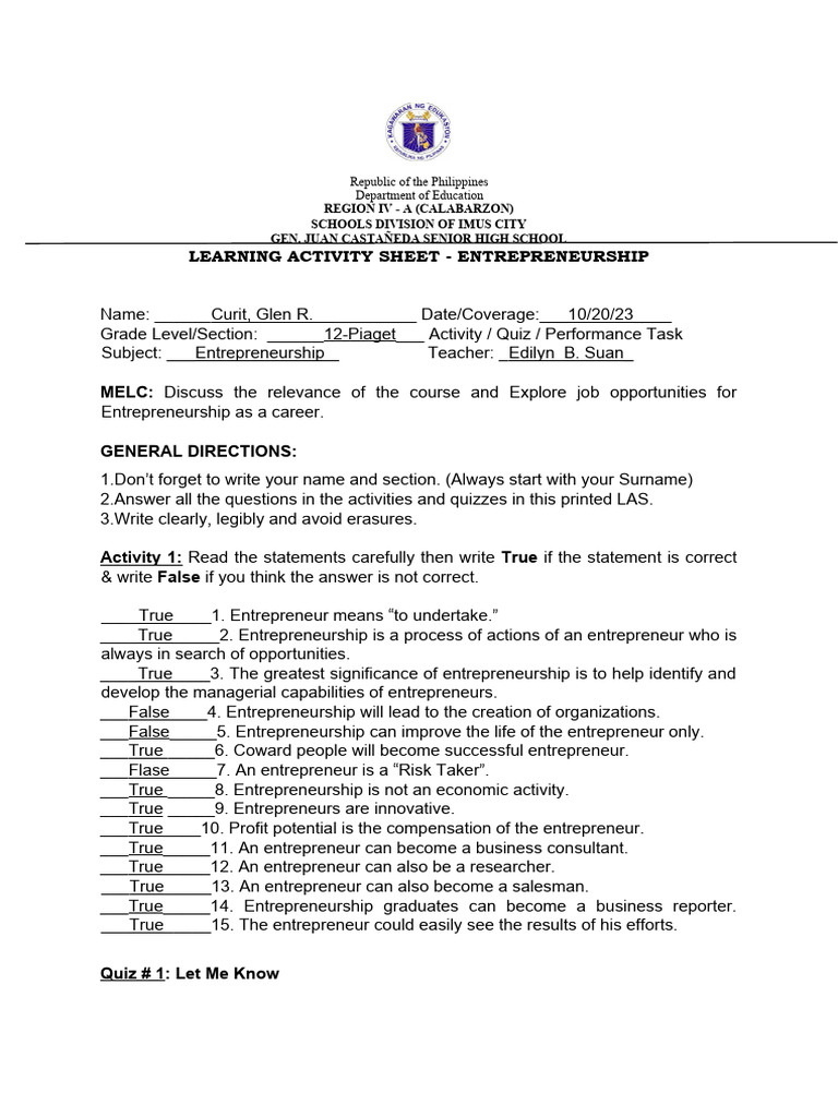 LAS 1 Entrep 1st Quarter | PDF | Entrepreneurship | Social Entrepreneurship