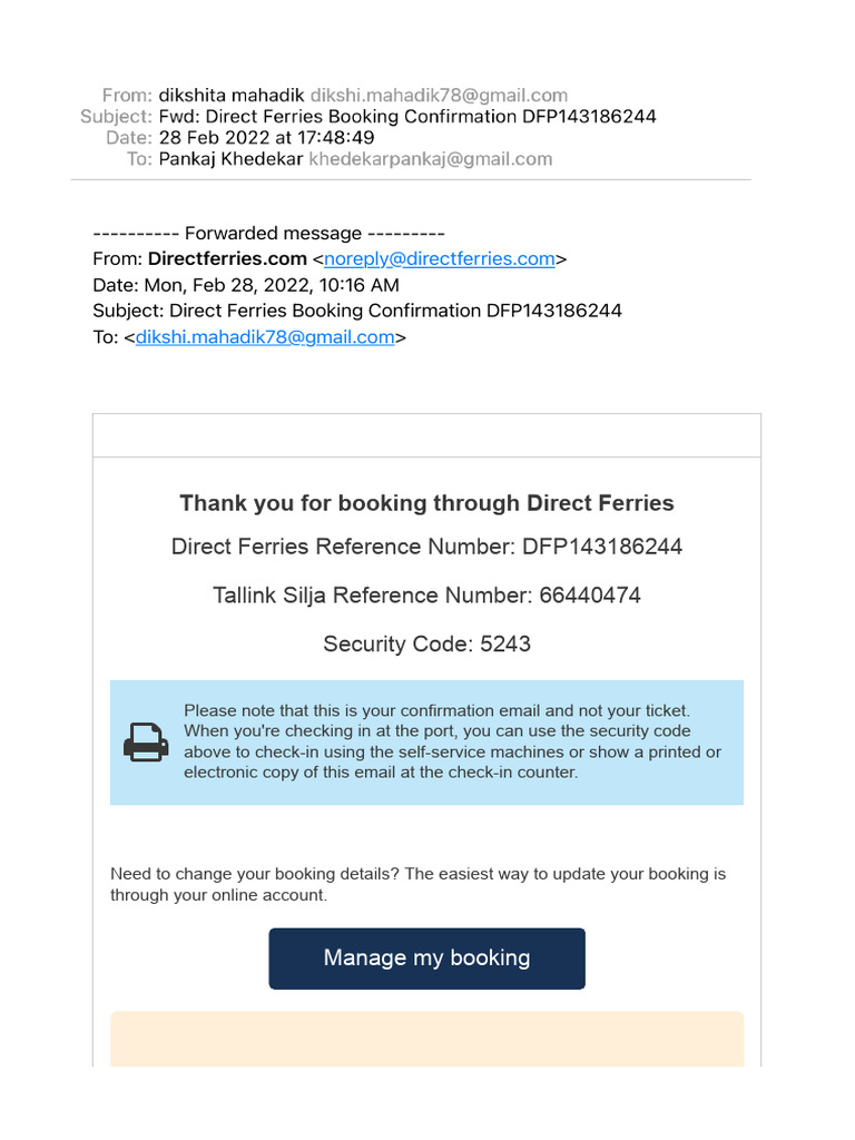 FWD Direct Ferries Booking Confirmation DFP143186244 | PDF | Transport
