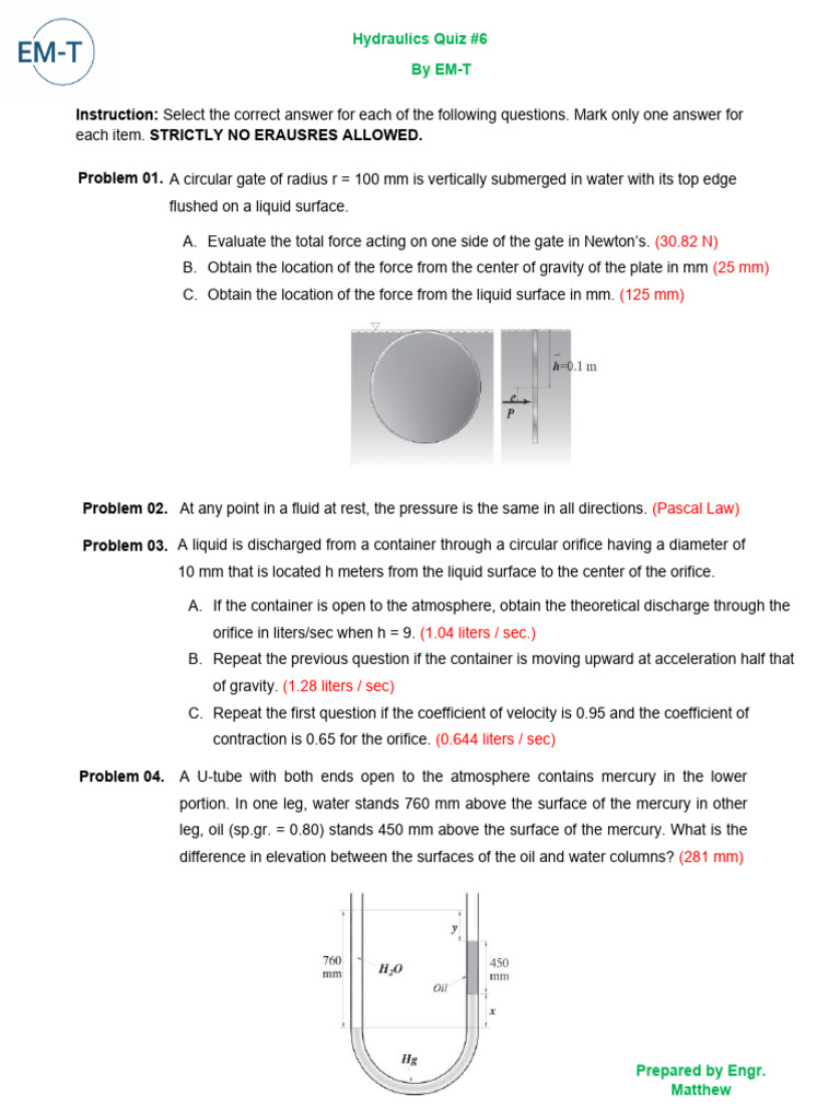 Hydraulics Practice Quiz #1 | PDF | Force | Liquids