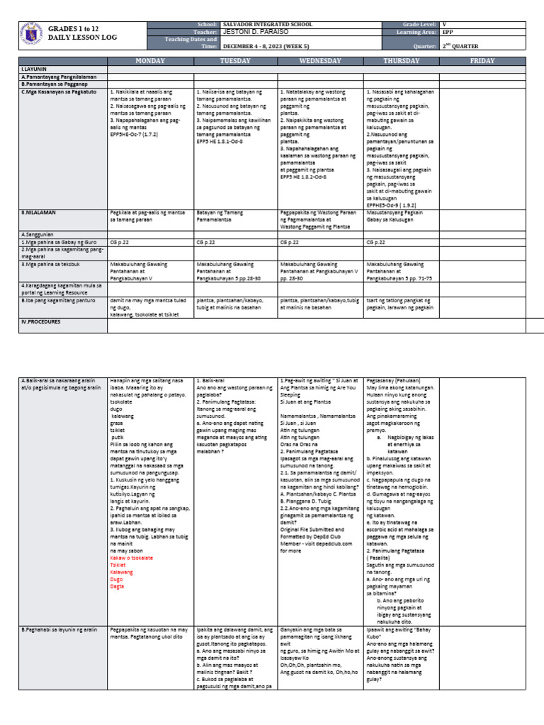 DLL - Epp 5 - Q2 - W5 | PDF