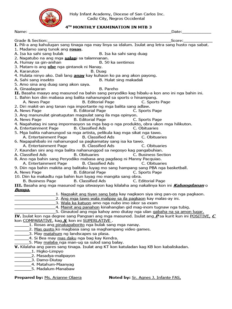 4TH Monthly Exam MTB 3 | PDF