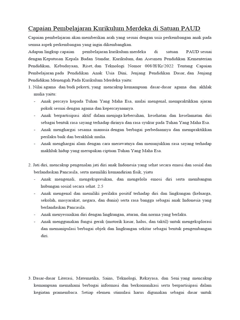 Capaian Pembelajaran Kurikulum Merdeka Di Satuan PAUD | PDF