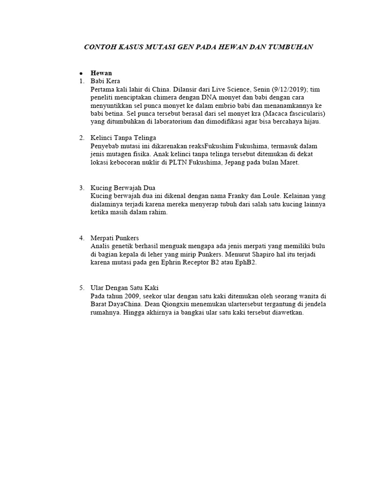 Contoh Mutasi Gen Pada Hewan Dan Tumbuhan (Biologi Sel) Natnat | PDF ...