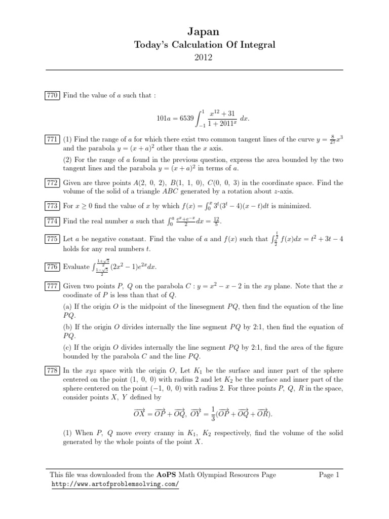 Japan Today's Calculation of Integral 2012 | PDF | Tangent | Sphere