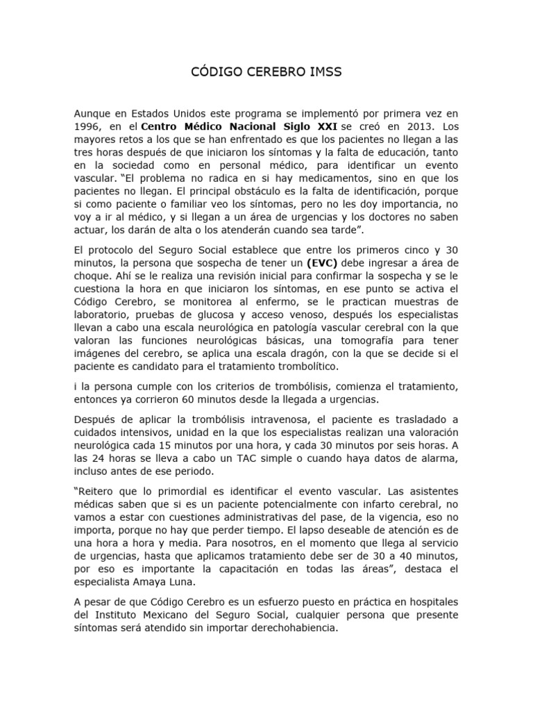 Código Cerebro Art. Imss 2023 | PDF | Carrera | Neurología