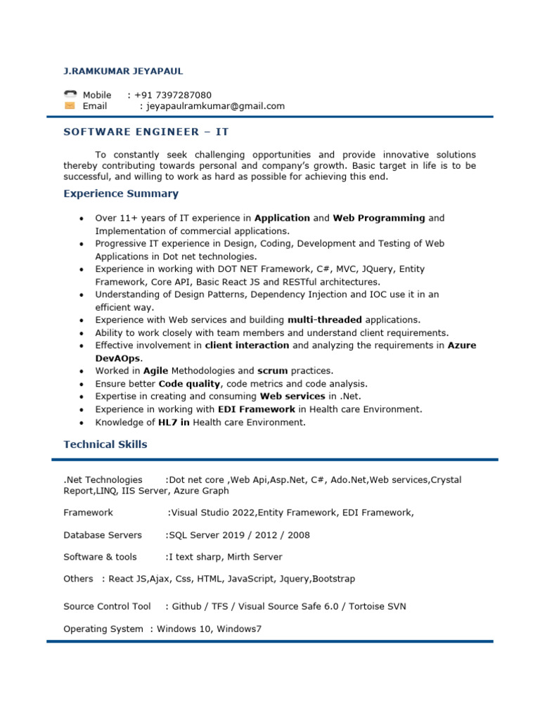 J. Ramkumar Jeyapaul - Senior Software Engineer Profile | PDF | World Wide Web | Internet & Web