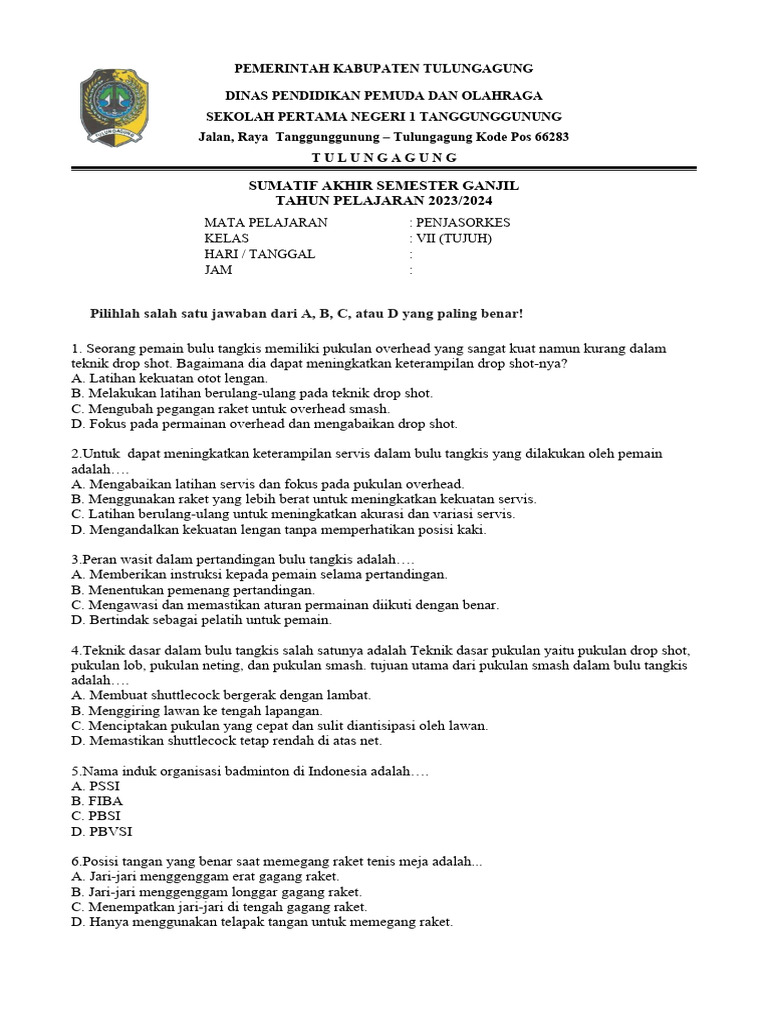 Soal SAS GANJIL PJOK SEMESTER Genap 2023-2024 | PDF