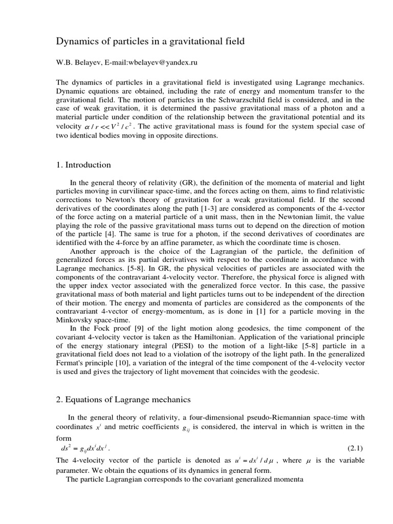 Dynamics of Particles in A Gravitational Field | PDF | Scientific ...