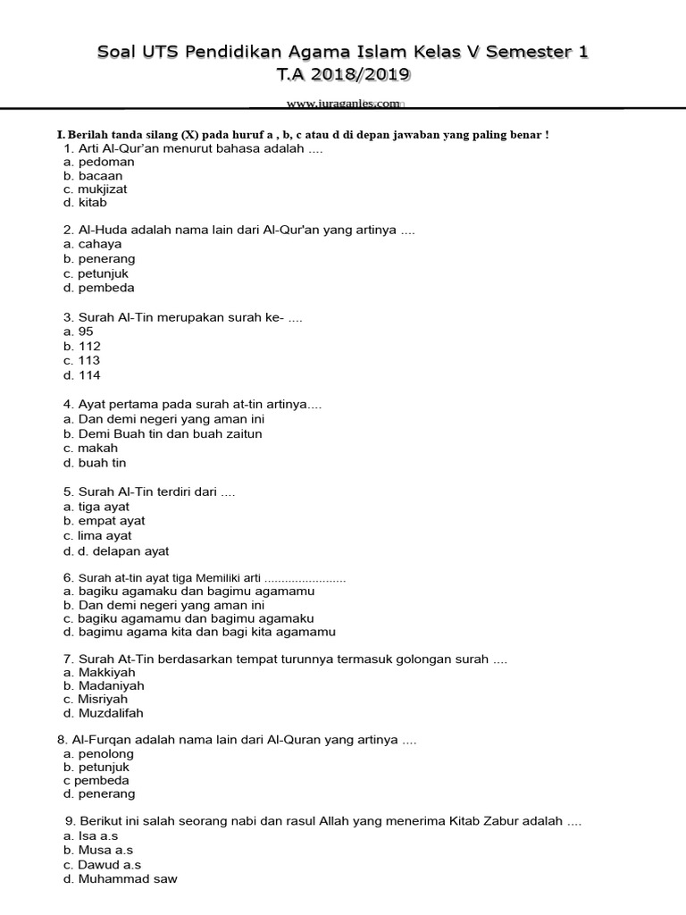 Soal UTS PAI Kelas 5 Semester 1 Terbaru Tahun 2018nn | PDF | Agama & Spiritualitas