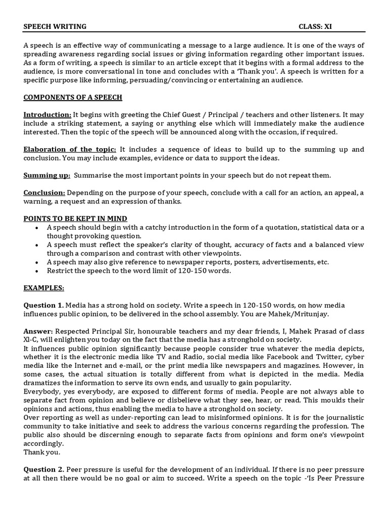 Notes Class XI Speech Writing | PDF | Racism | Discrimination & Race ... Notes Class XI Speech Writing | PDF | Racism | Discrimination & Race ...