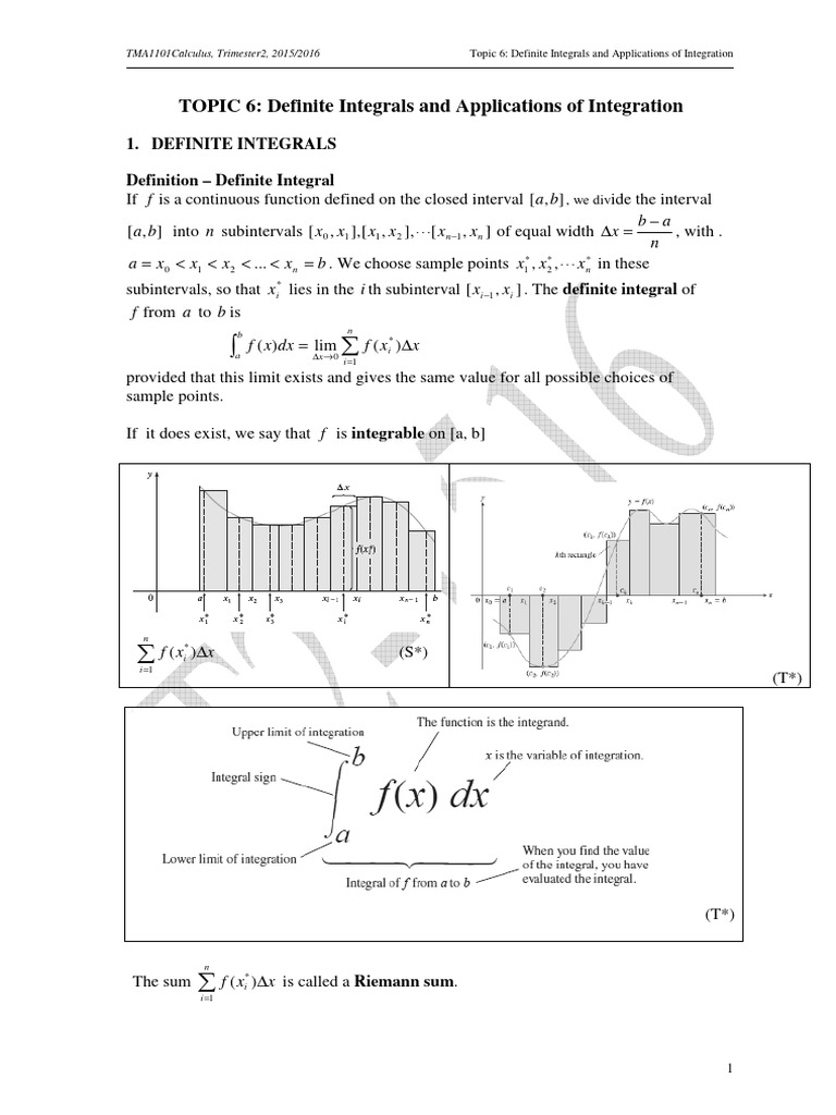 TMA1101 - Topic 06 DefiniteIntegrals+IntegrationApplications | PDF | Integral | Interval ...