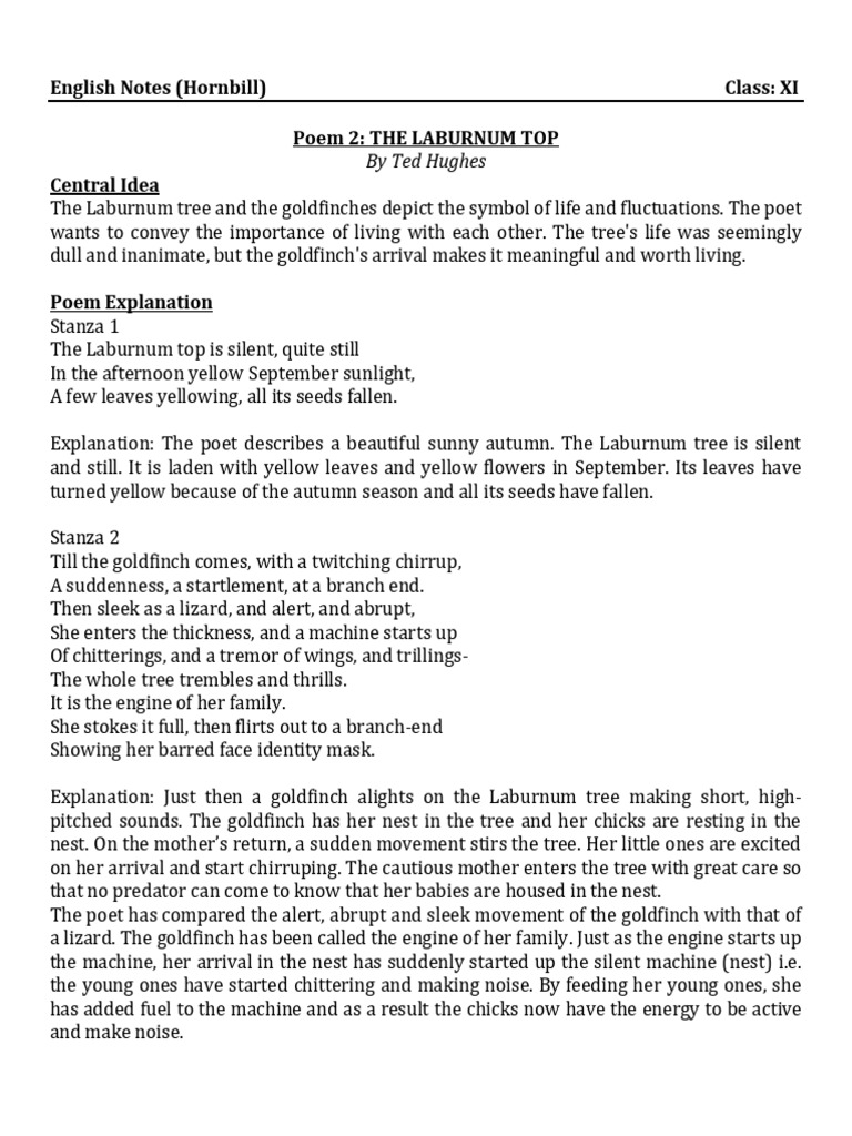 Notes Class XI Poem 2 The Laburnum Top | PDF | Birds Notes Class XI Poem 2 The Laburnum Top | PDF | Birds