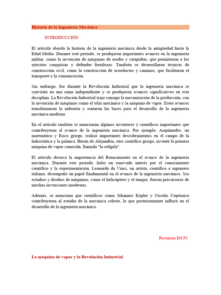 Historia De La Ingeniería Mecánica Angel Machuca Pdf Ingeniería