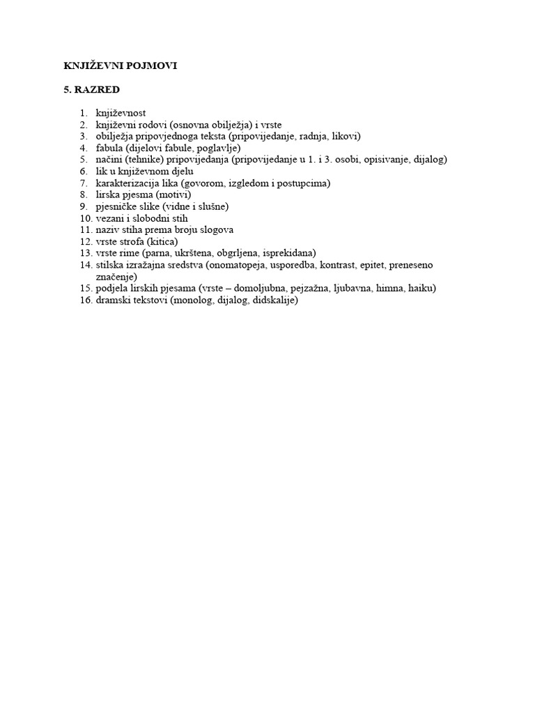 Knjizevni Pojmovi Za Kraj 5. Razreda | PDF
