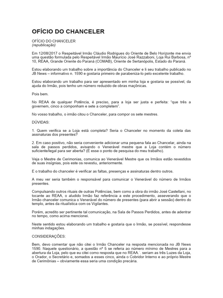 Ofício Do Chanceler | PDF | Loja Maçônica