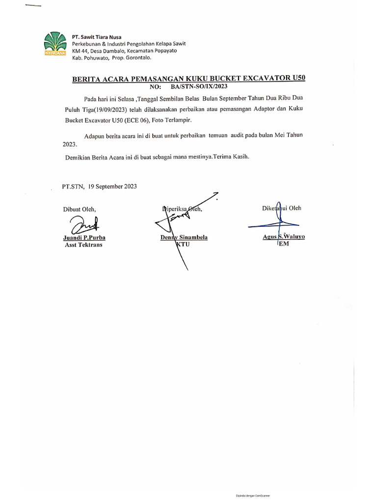 BA Pemasangan Kuku Bucket Excavator U50 | PDF