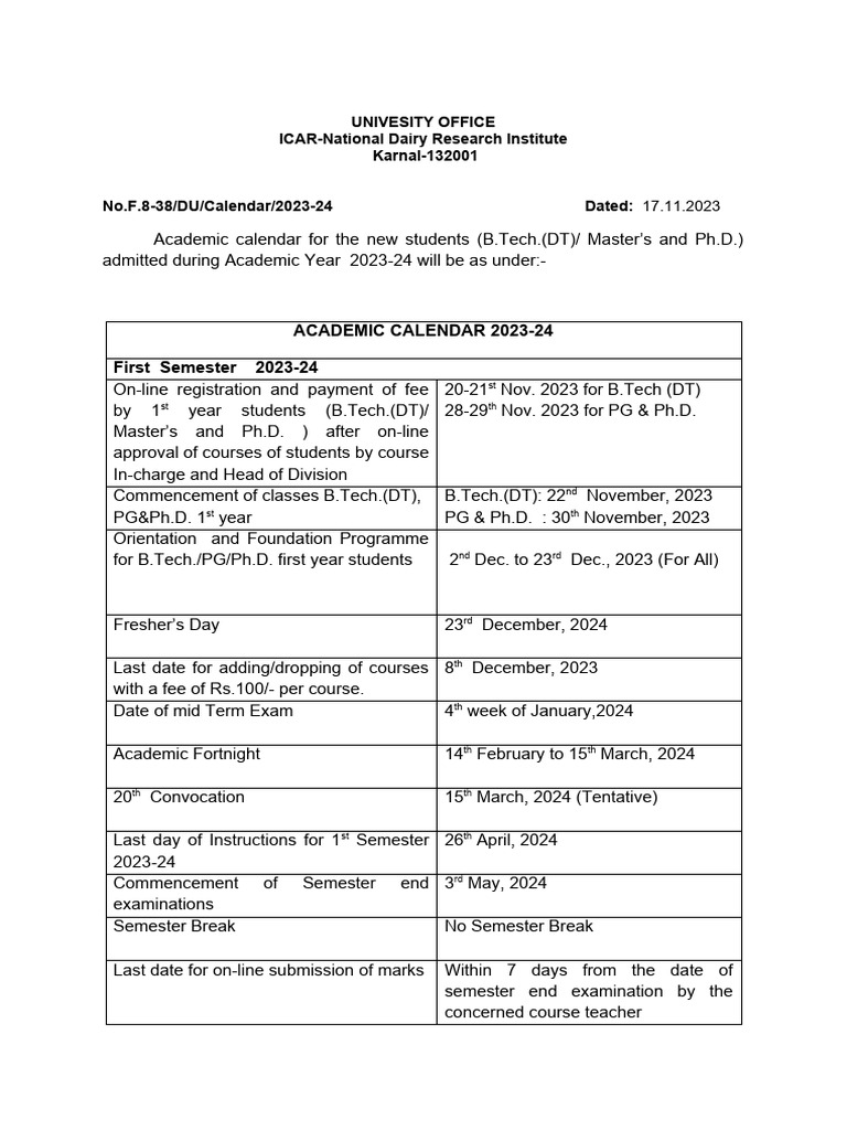 Academic Calander 2023-24 | PDF | Academic Term | Doctor Of Philosophy