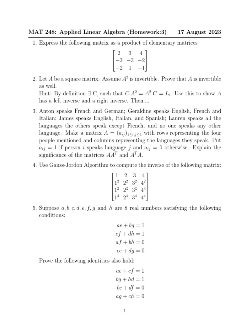 Homework 3 | PDF | Matrix (Mathematics) | Applied Mathematics
