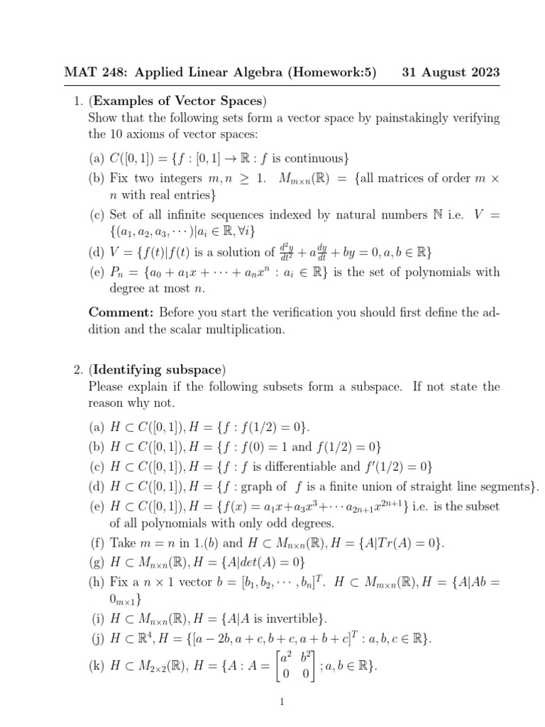 Homework 5 | PDF | Vector Space | Linear Subspace