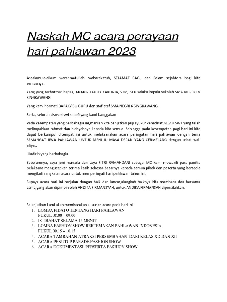 Naskah MC Acara Perayaan Hari Pahlawan | PDF