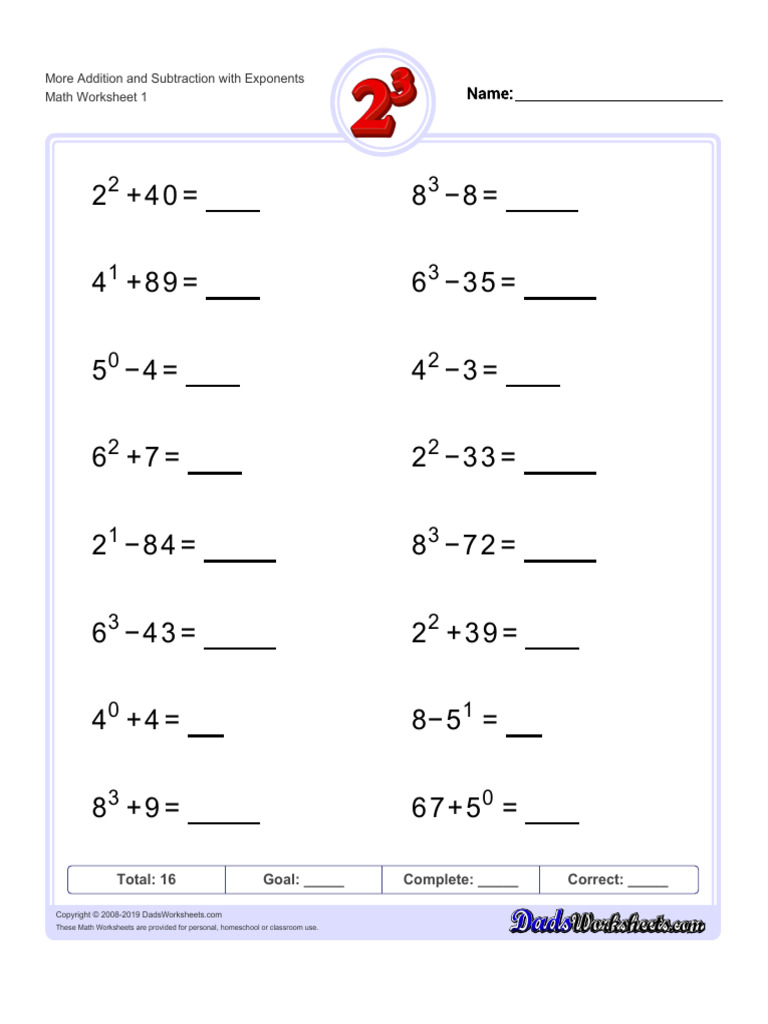 More Exponents With Addition and Subtraction v1 | PDF | Teaching ...