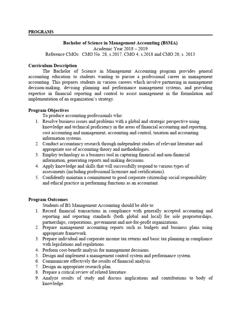 Bachelor of Science in Management Accounting BSMA | PDF | Accounting | Management Accounting