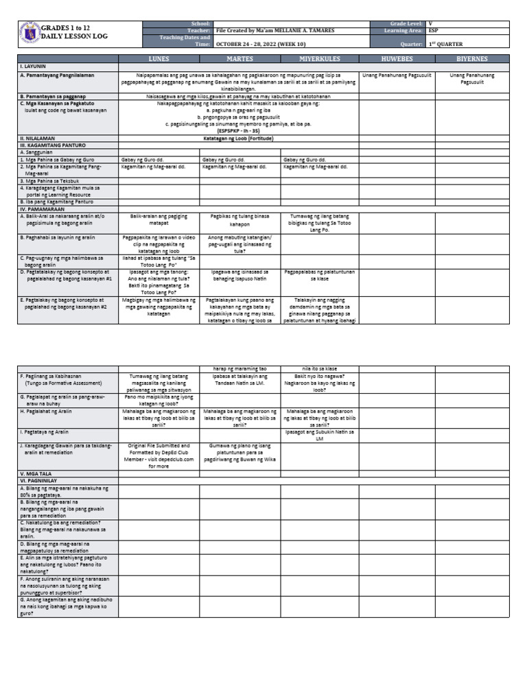 DLL - Esp 5 - Q1 - W10 | PDF