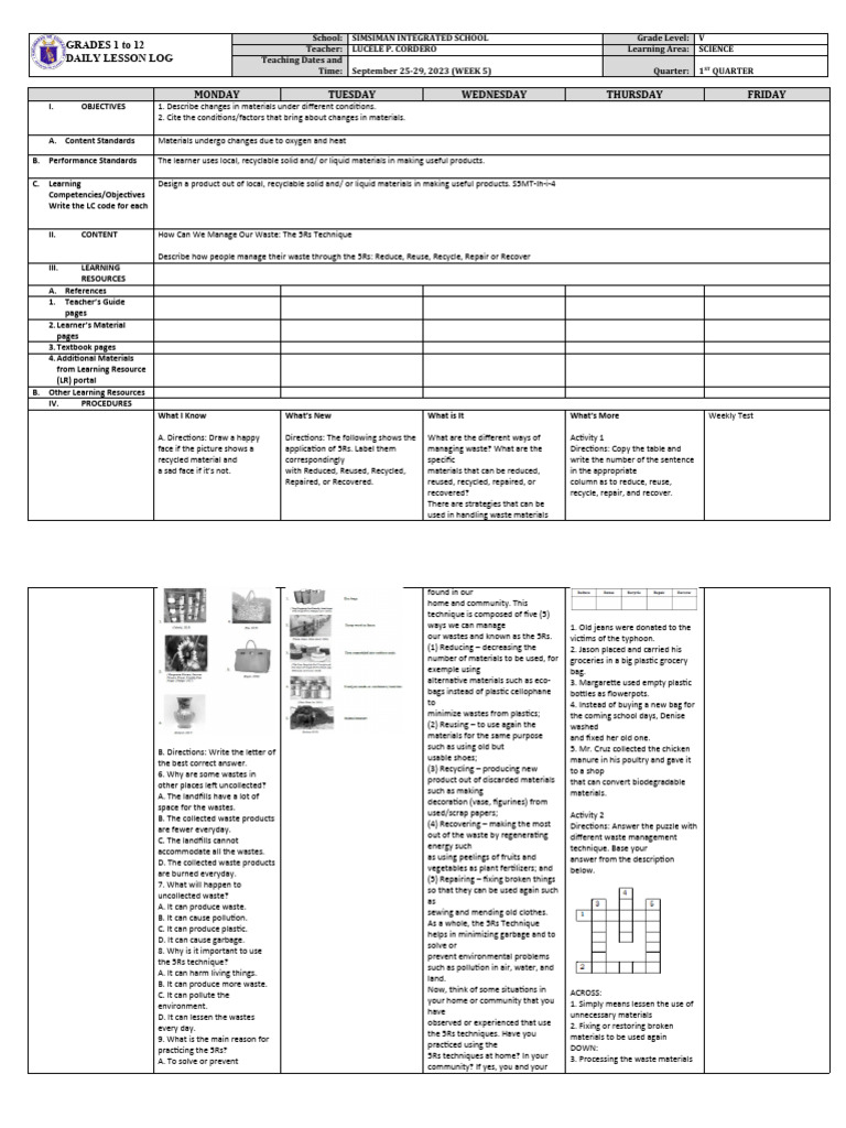 DLL - Science 5 - Q1 - W5 | PDF | Waste | Recycling