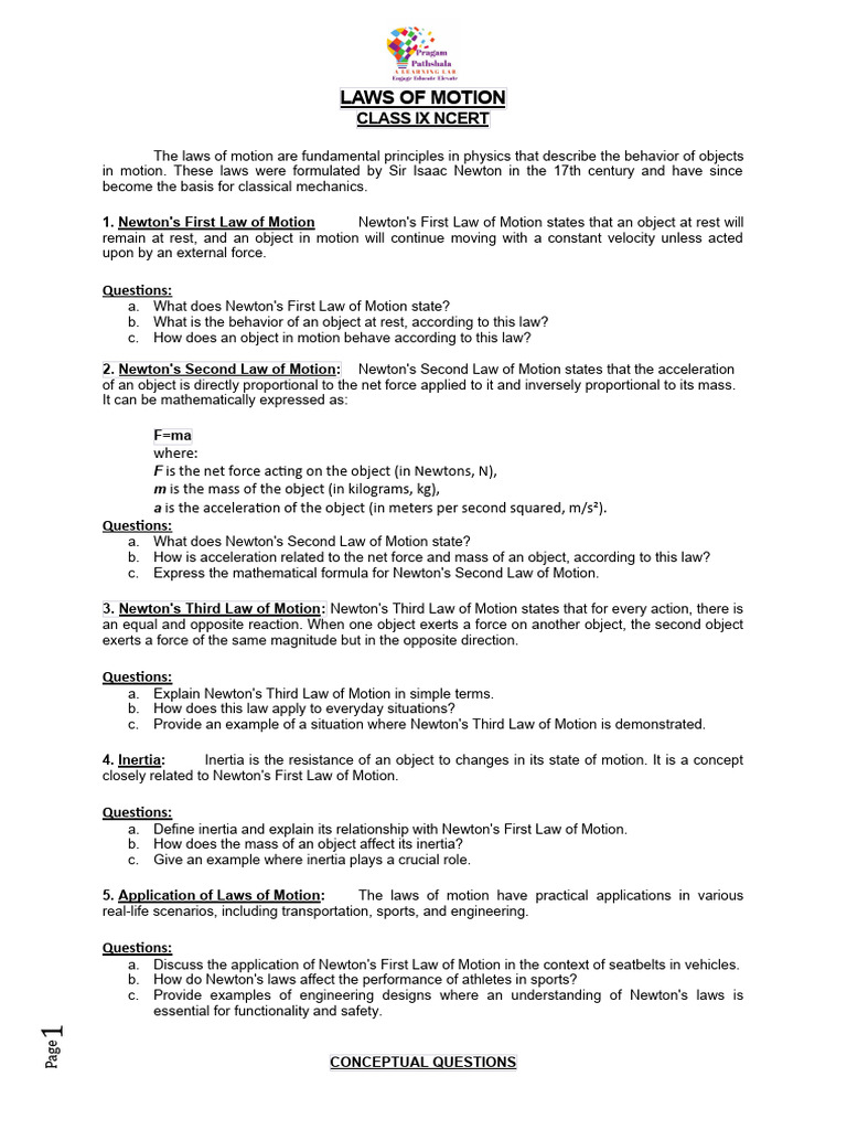 Laws of Motion Class IX | PDF | Newton's Laws Of Motion | Force