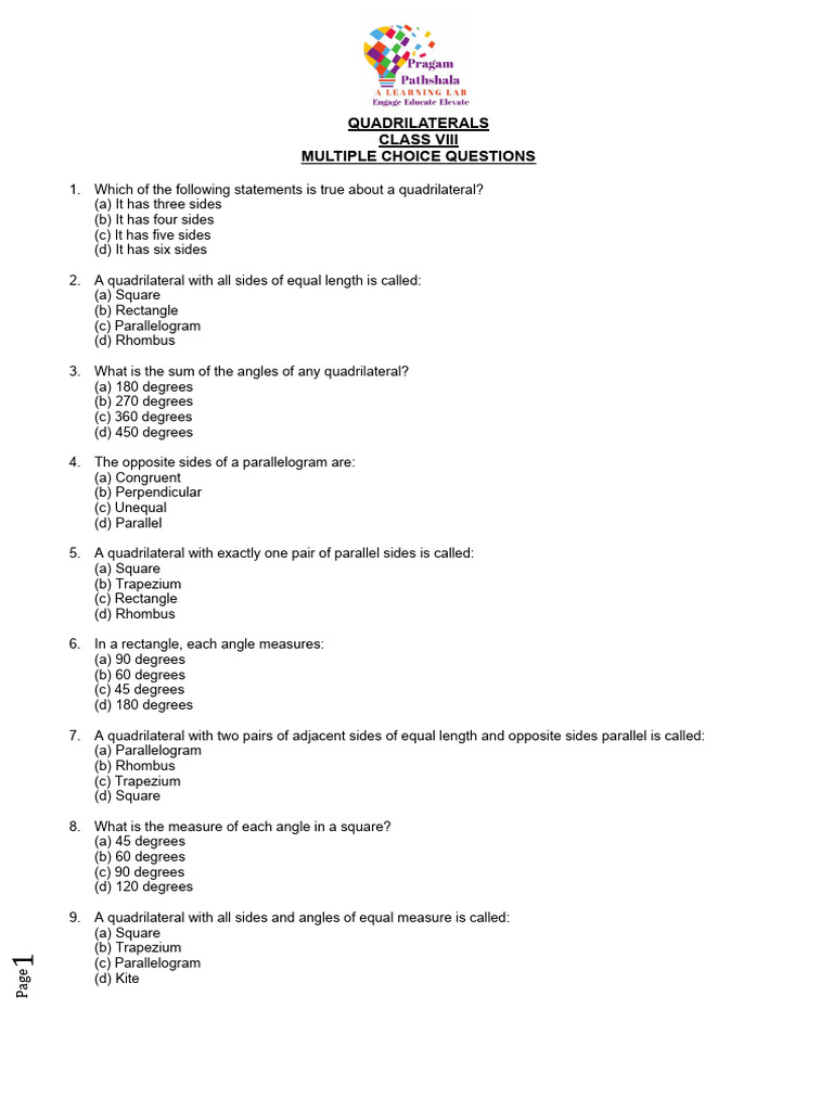 Quadrilaterals - MCQs | PDF | Rectangle | Euclid